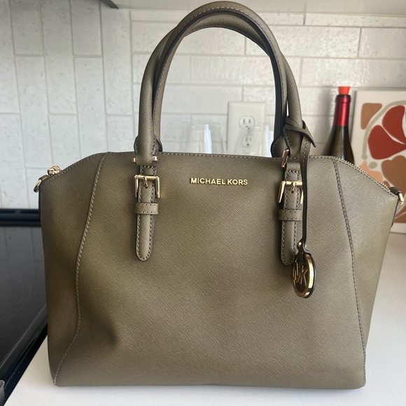 Michael Kors | Bags | Michael Kors Green Leather Satchel With Gold ...